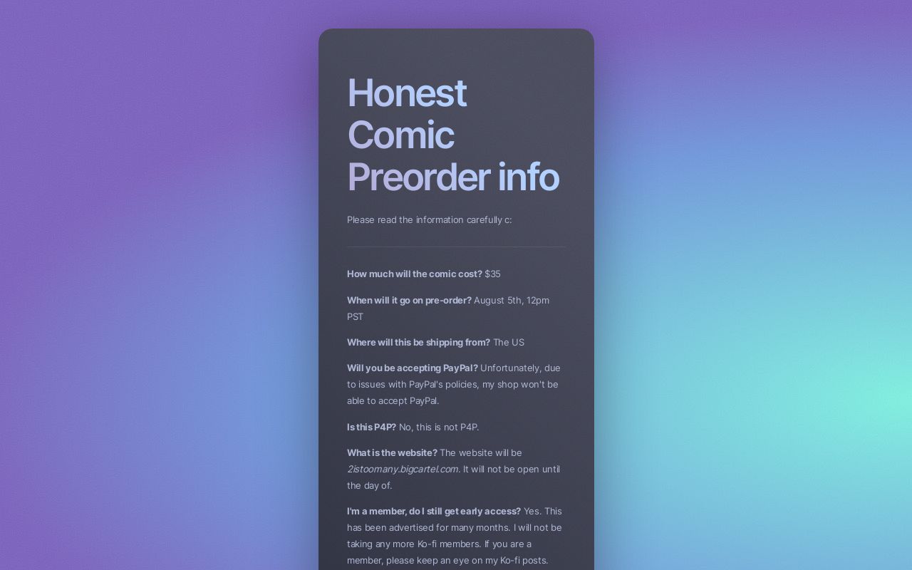Honest Comic Preorder